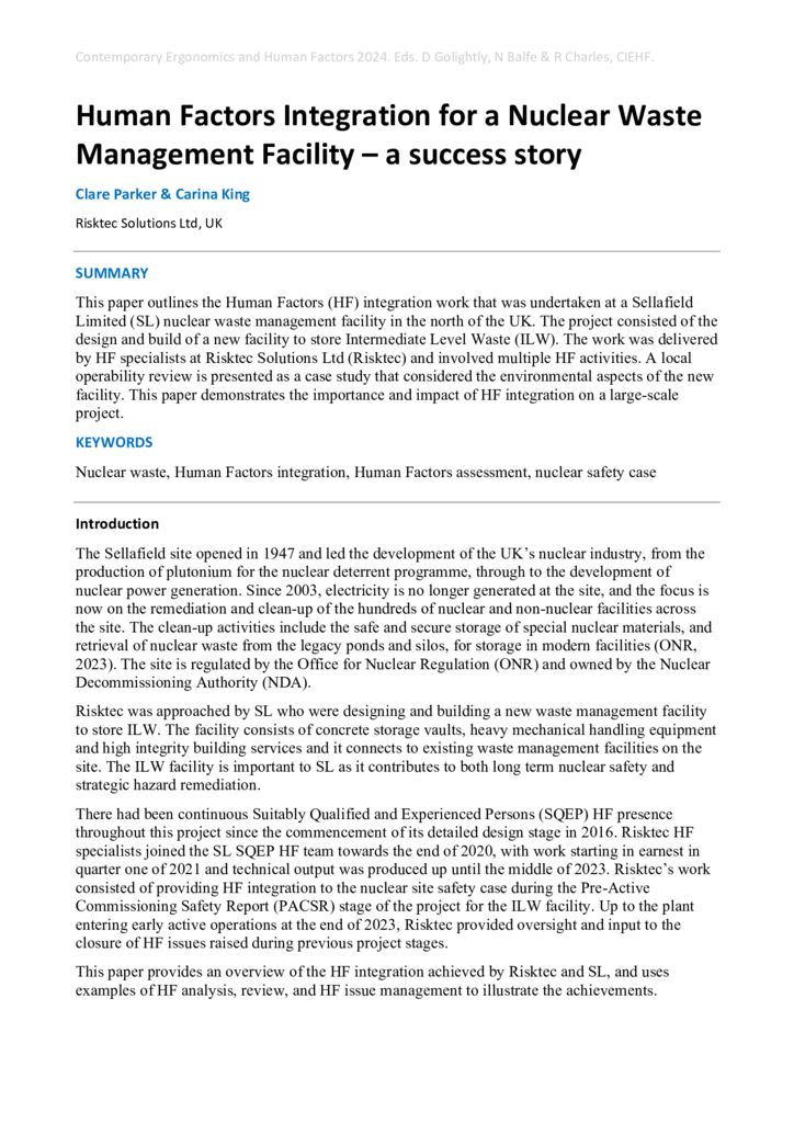 Human Factors Integration for a Nuclear Waste Management Facility – a ...